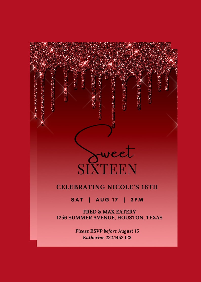Editable Sweet 16 Birthday Invitation Red and Black - Etsy