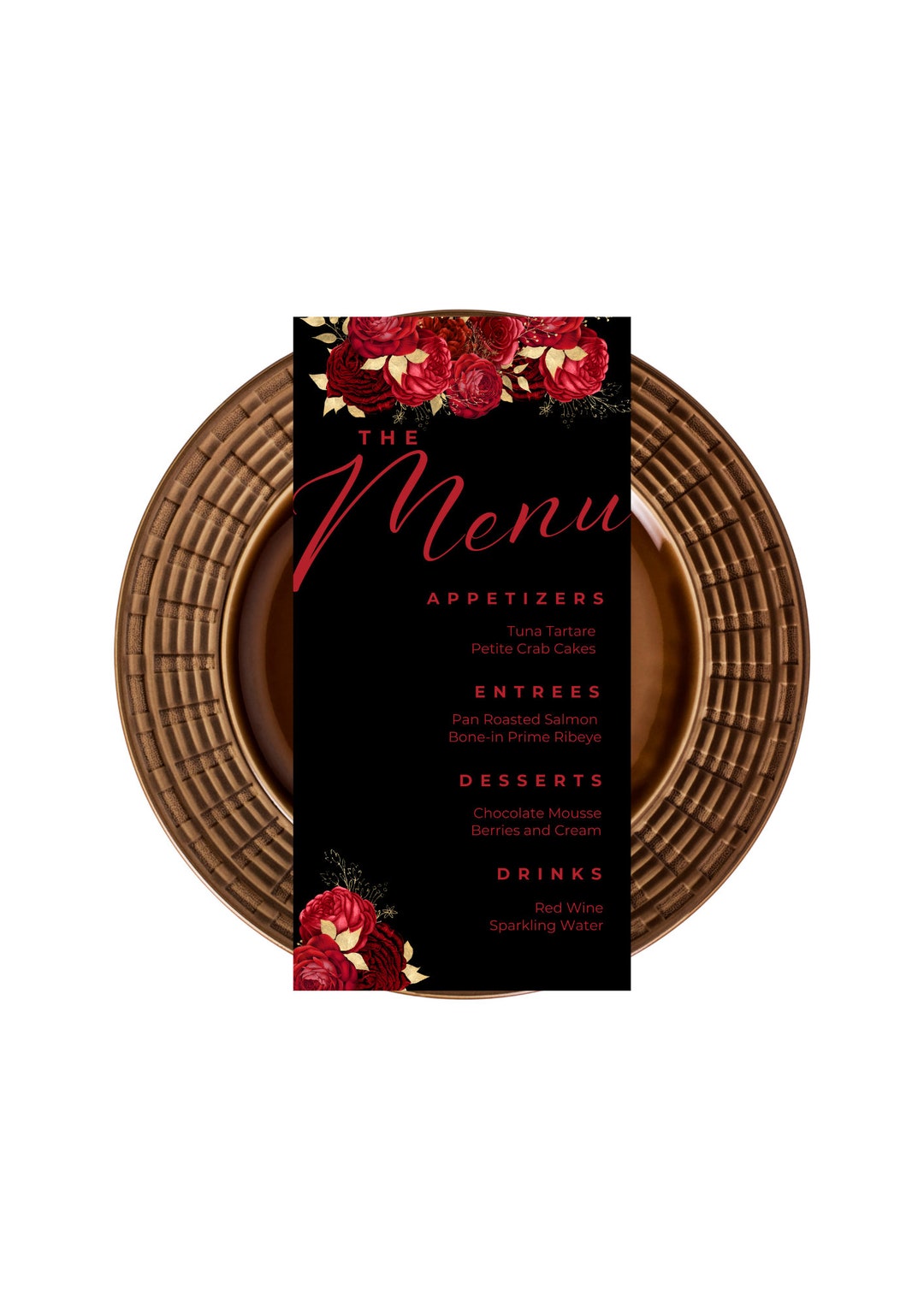 Editable Menu Card Template, Red, Black and Gold Menu Cards, Floral ...