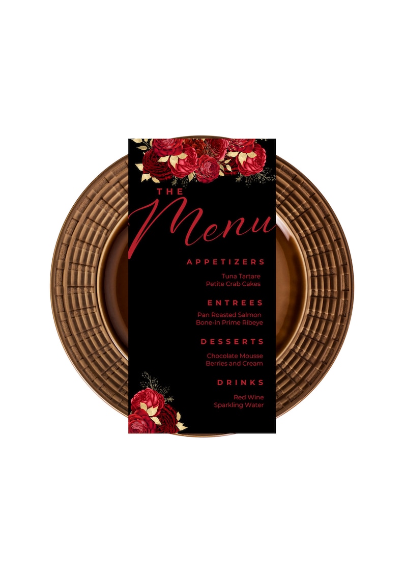 Editable Menu Card Template, Red, Black and Gold Menu Cards, Floral ...