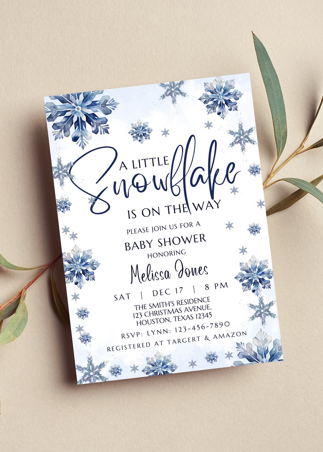 Editable A Little Snowflake is on the Way Baby Shower Invitation, Blue ...