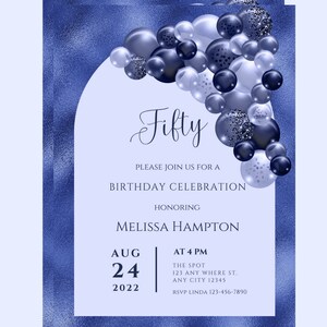 Editable Navy Blue Birthday Invitation, Navy Blue Balloon Arch Invite ...