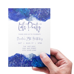 Editable Blue and White Invitation, Let's Party Birthday Invite, Glam ...