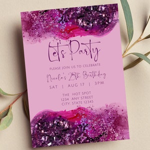 Editable Purple Invitation, Let's Party Birthday Invite, Glam, Fuchsia ...