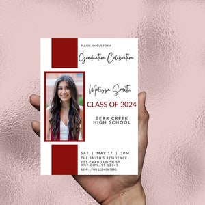 Editable Graduation Invitation Template With Photo, Modern Red (digital ...