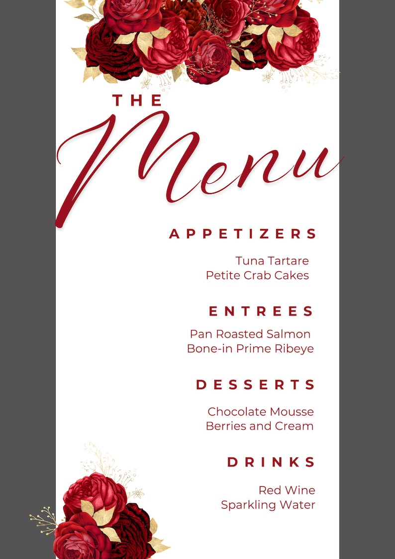 Editable Menu Card Template Red and Gold Menu Card Floral - Etsy