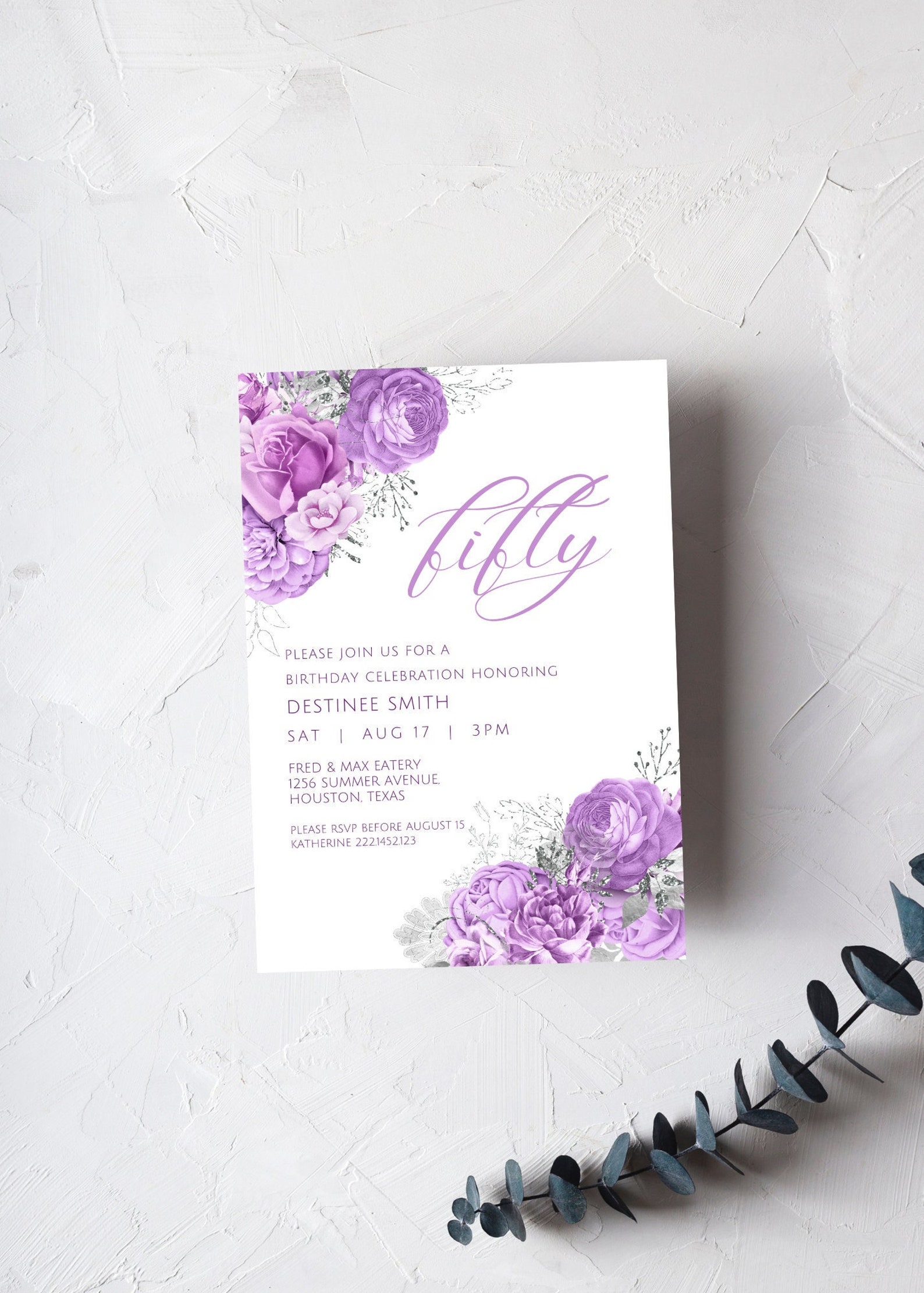 Editable Lavender and Silver Floral Invitation, Lavender and Silver Flowers, Birthday Invitation ...