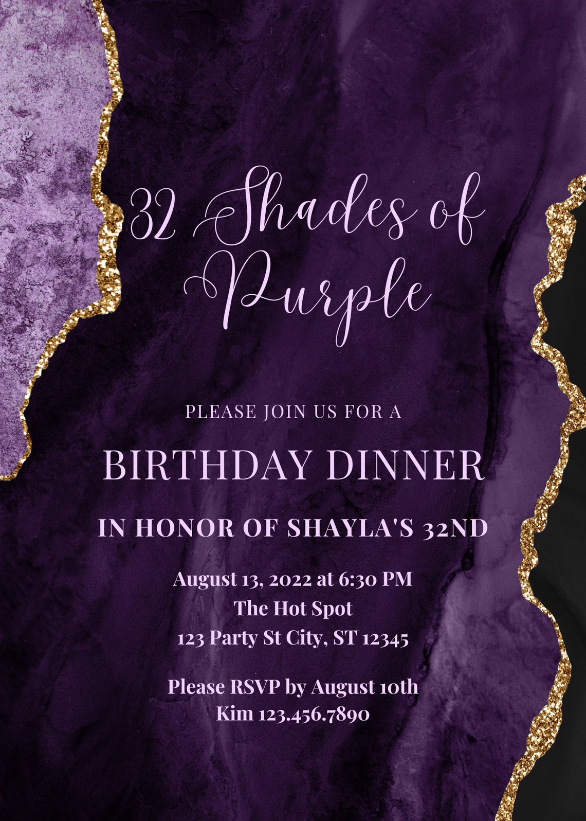 Editable Shades of Purple Invitation, Purple and Gold, Birthday Dinner ...