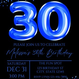 Editable 30th Birthday Invitation, Blue and Black Invitation, Blue 30 ...