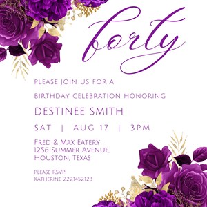 Editable Purple and Gold Floral Invitation, Purple and Gold Flowers ...