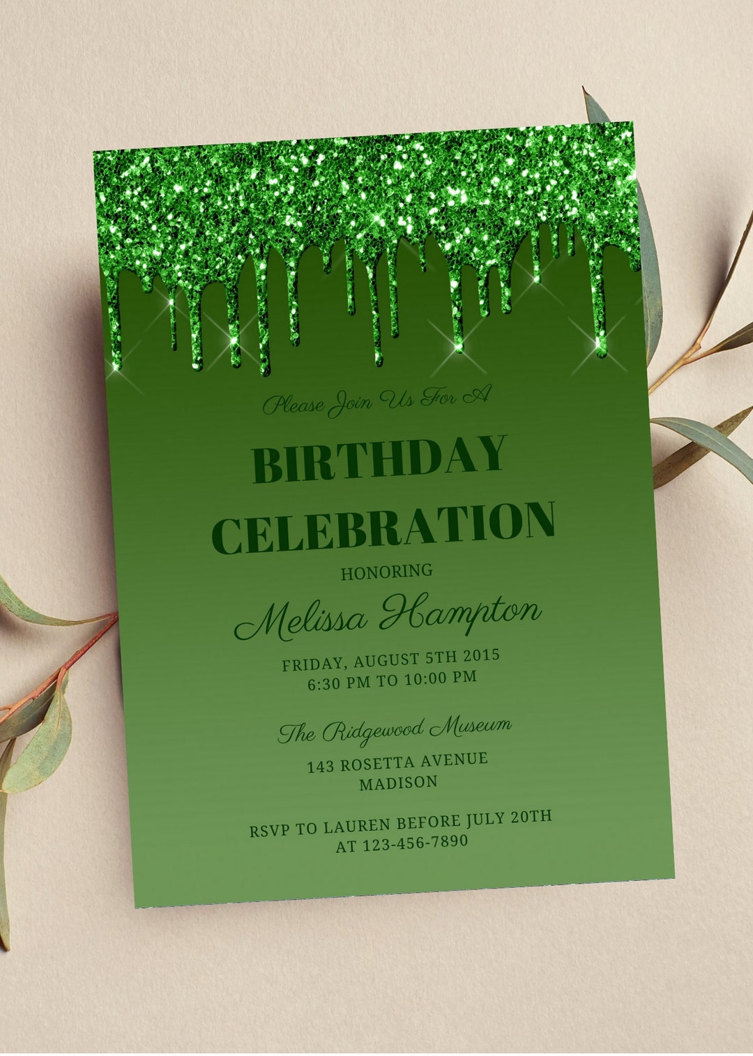 Editable Green Birthday Invitation, Green Glitter Drip, Dripping ...