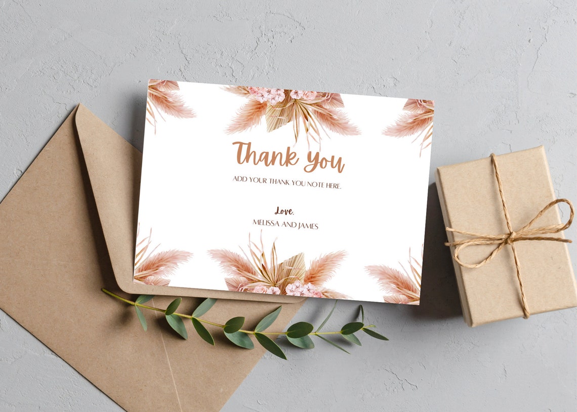 Printable Thank You Card, Editable Boho Thank You Note, Pampas Grass ...