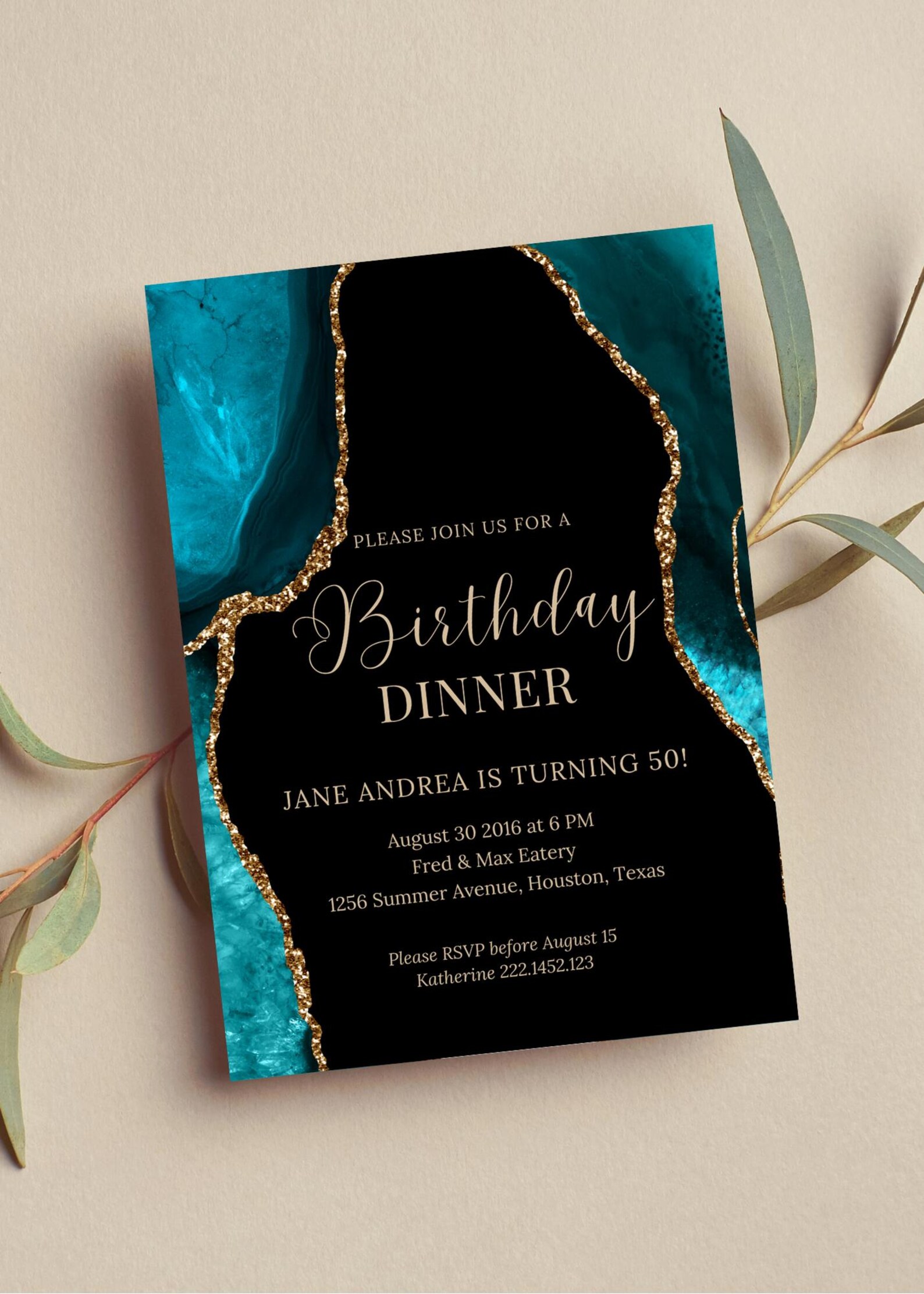 Editable Teal and Black Invitation, Birthday Dinner Invite, Printable ...