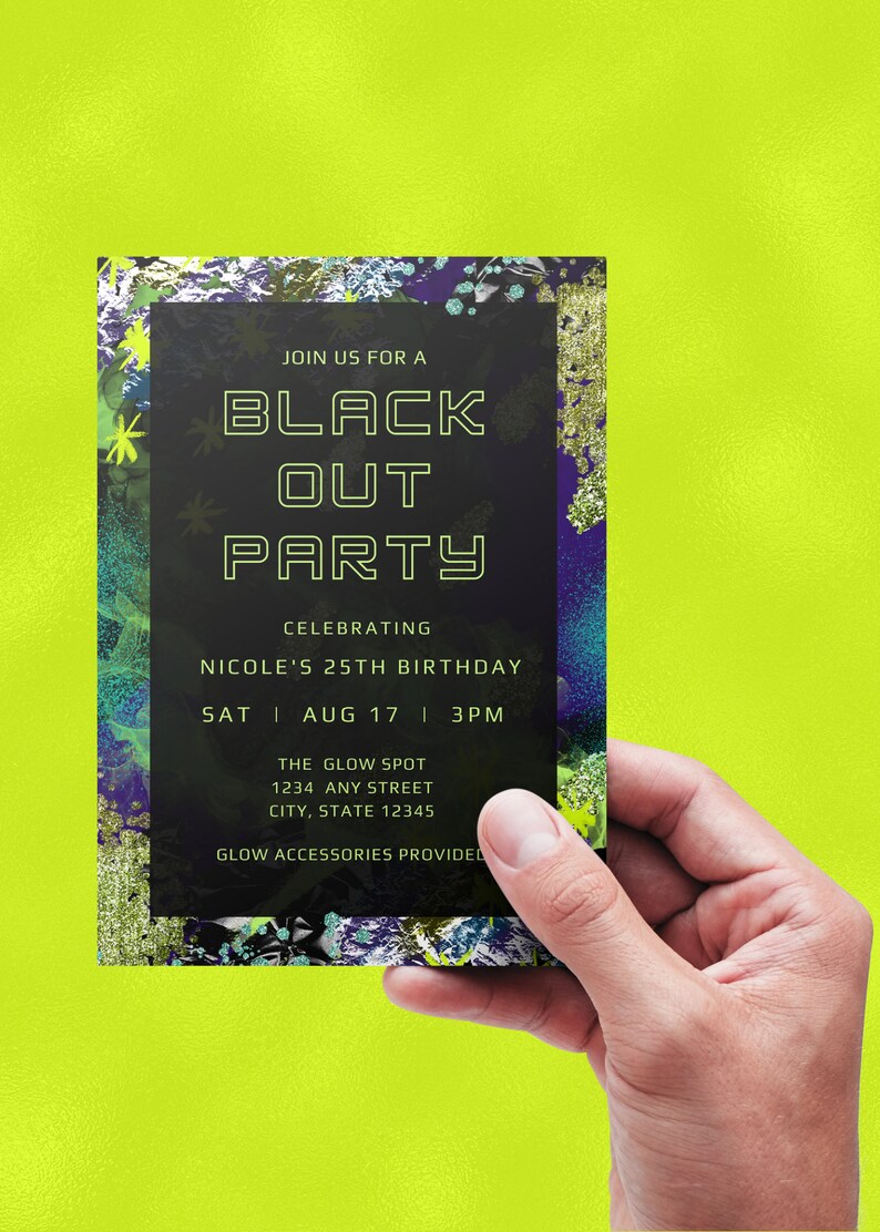Editable Black Out Party Invitation, Birthday Invitation, Glow Party ...
