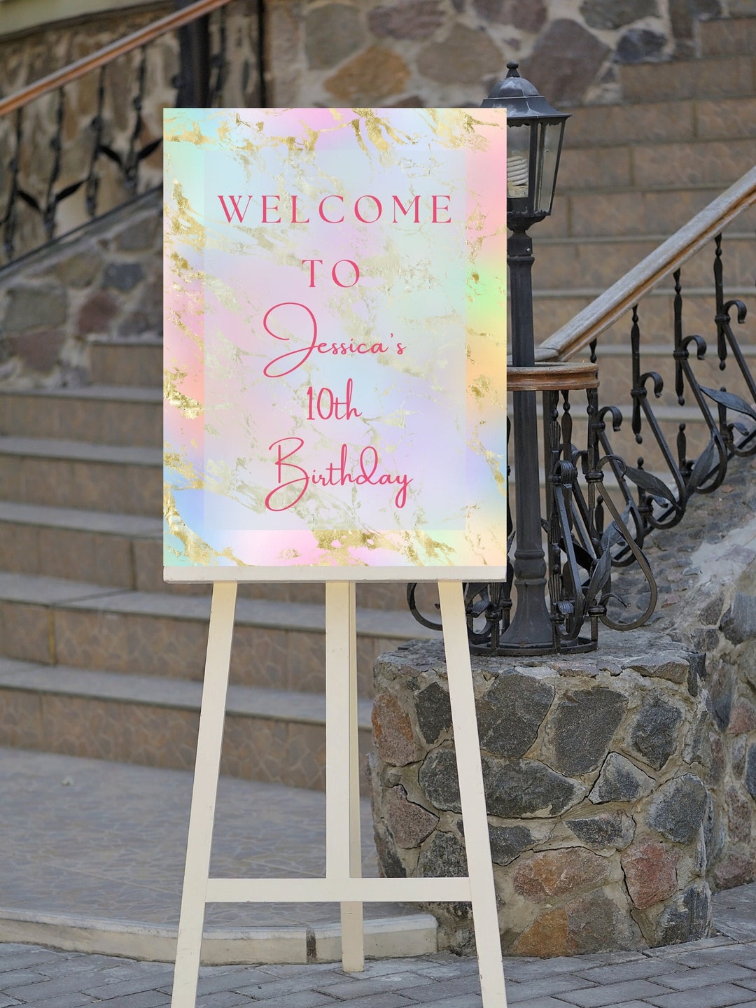 Editable Rainbow and Gold 10th Birthday Welcome Sign, Marble, Luxury ...