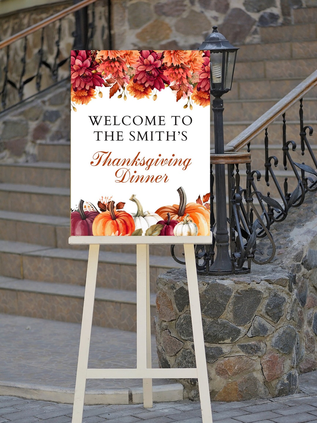 Editable Thanksgiving Welcome Sign Autumn Floral Pumpkin Friendsgiving ...