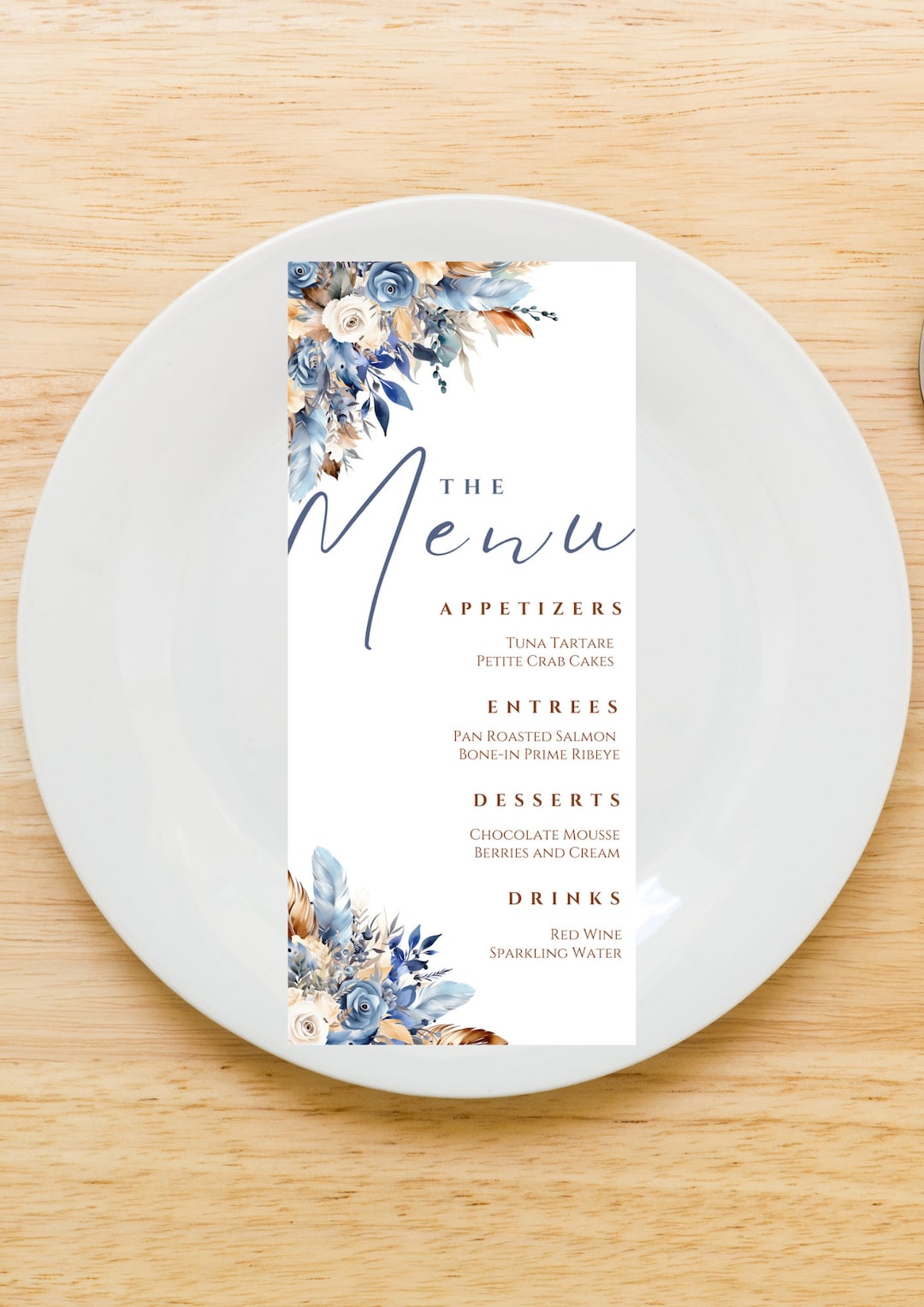 Editable Menu Card Template With Blue Boho Florals for Birthdays ...
