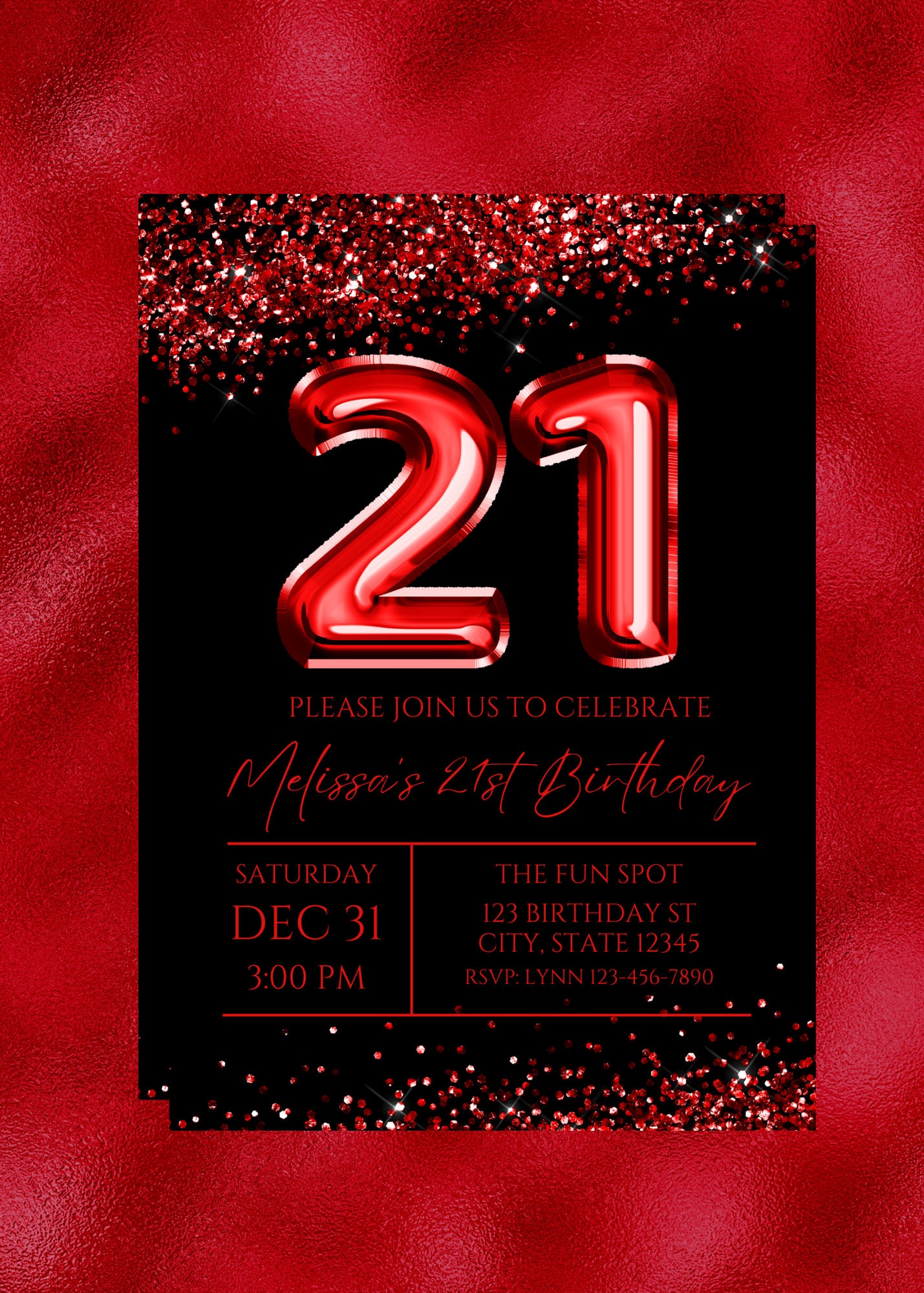 Editable 21st Birthday Invitation, Red and Black Invitation, Red 21 ...
