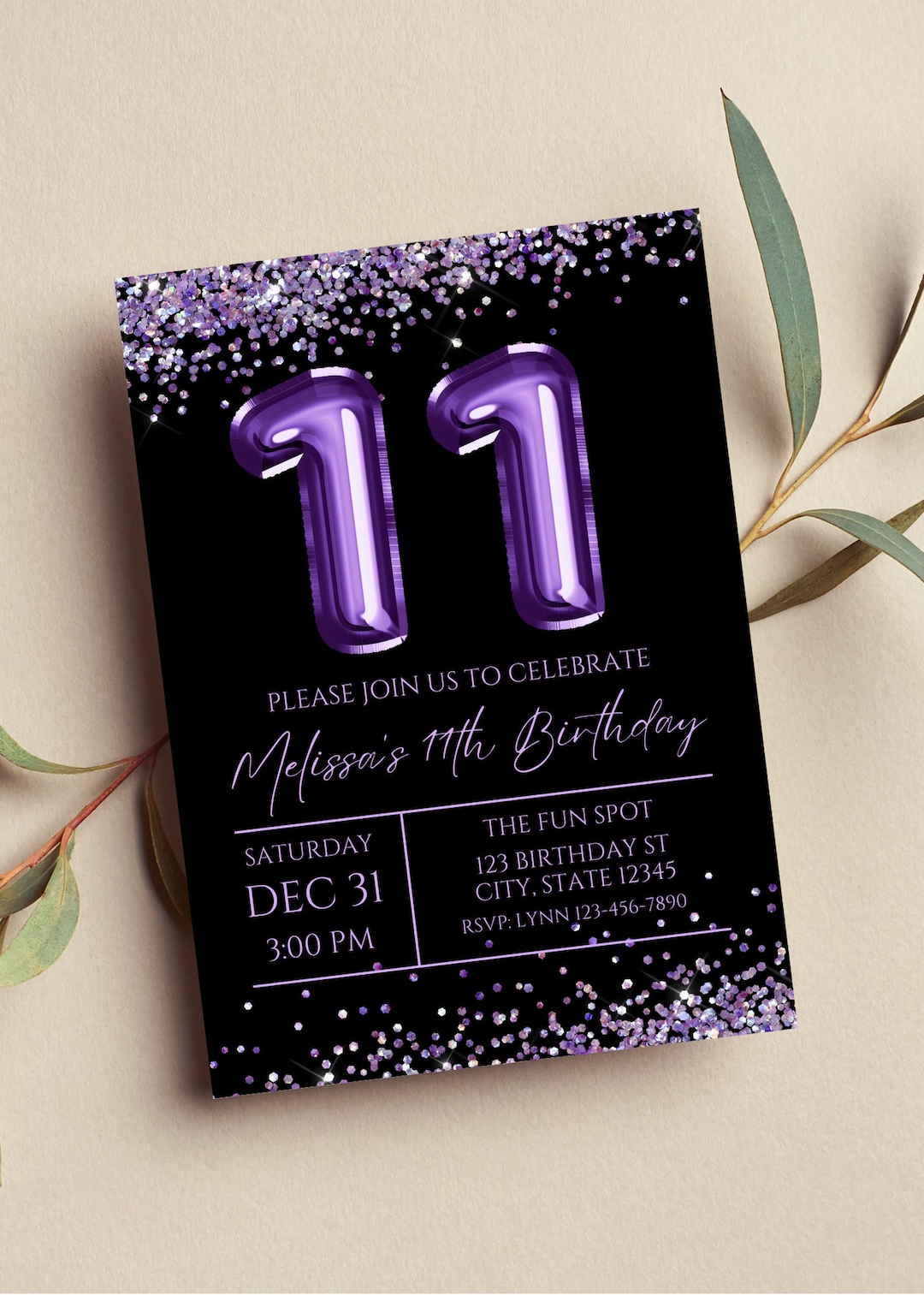 Editable 11th Birthday Invitation, Purple and Black Invitation, Purple ...
