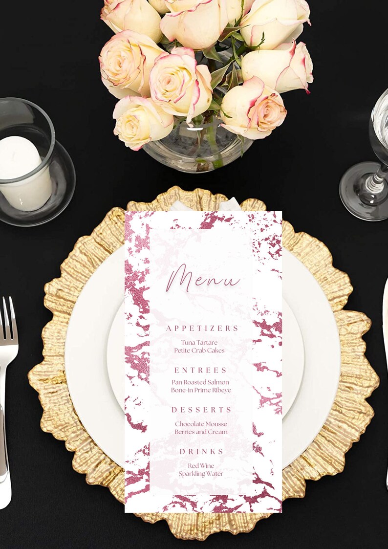 Editable Pink and White Menu Card Template Marble Design - Etsy