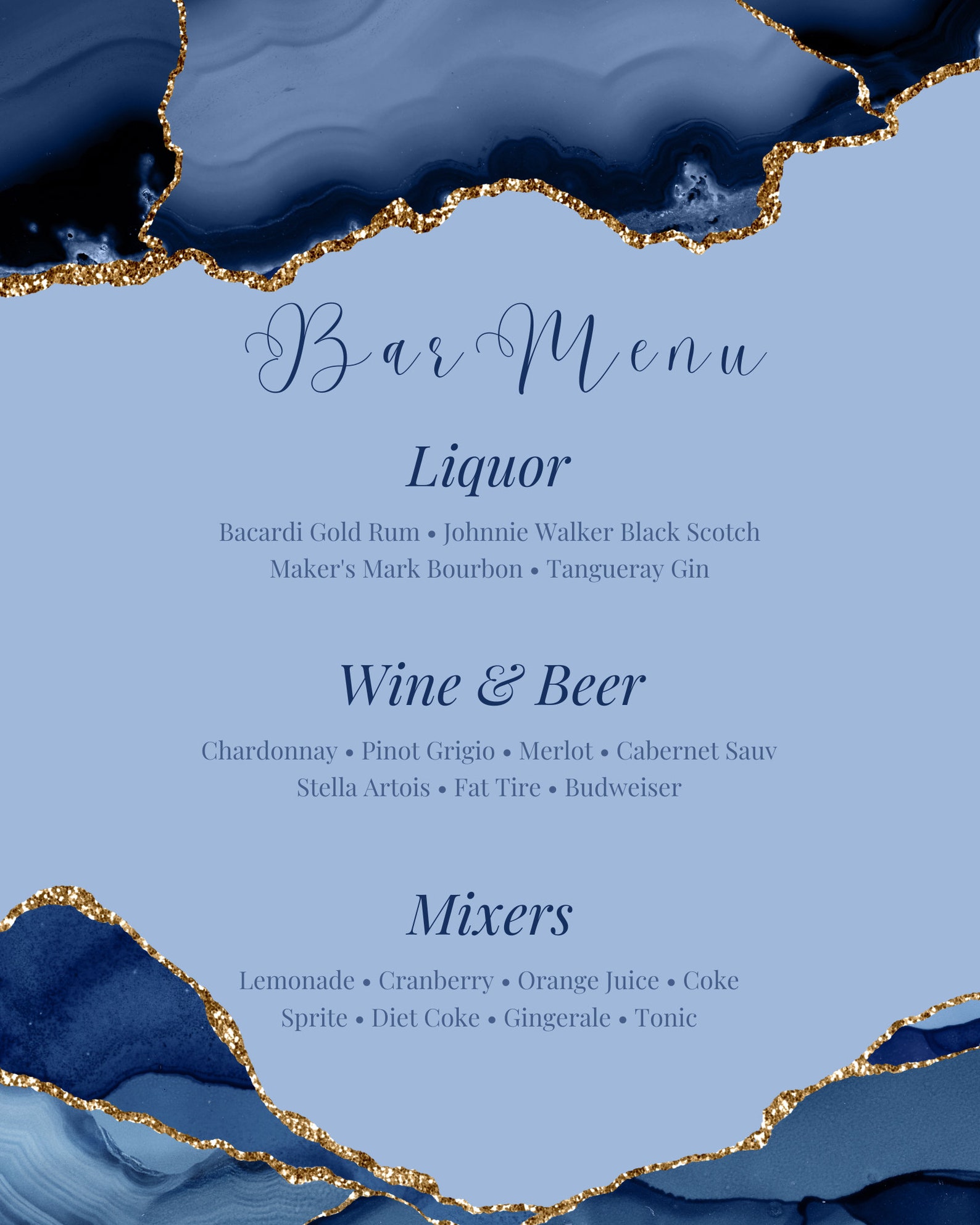 Editable Blue and Gold Bar Menu Cards Template, Full Size Menu, Table ...