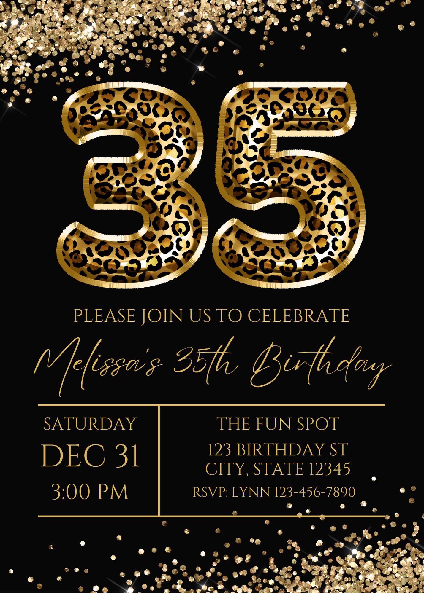 Editable 35th Birthday Invitation, Leopard Print, Black and Gold ...