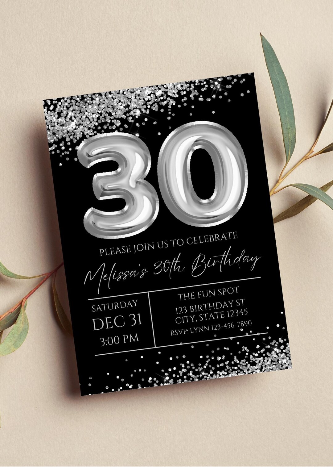 Editable 30th Birthday Invitation, Black and Silver Invitation, Silver ...