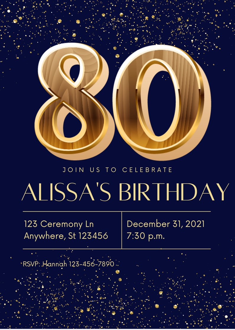 Editable 80th Birthday Party Invitation Blue and Gold Print - Etsy