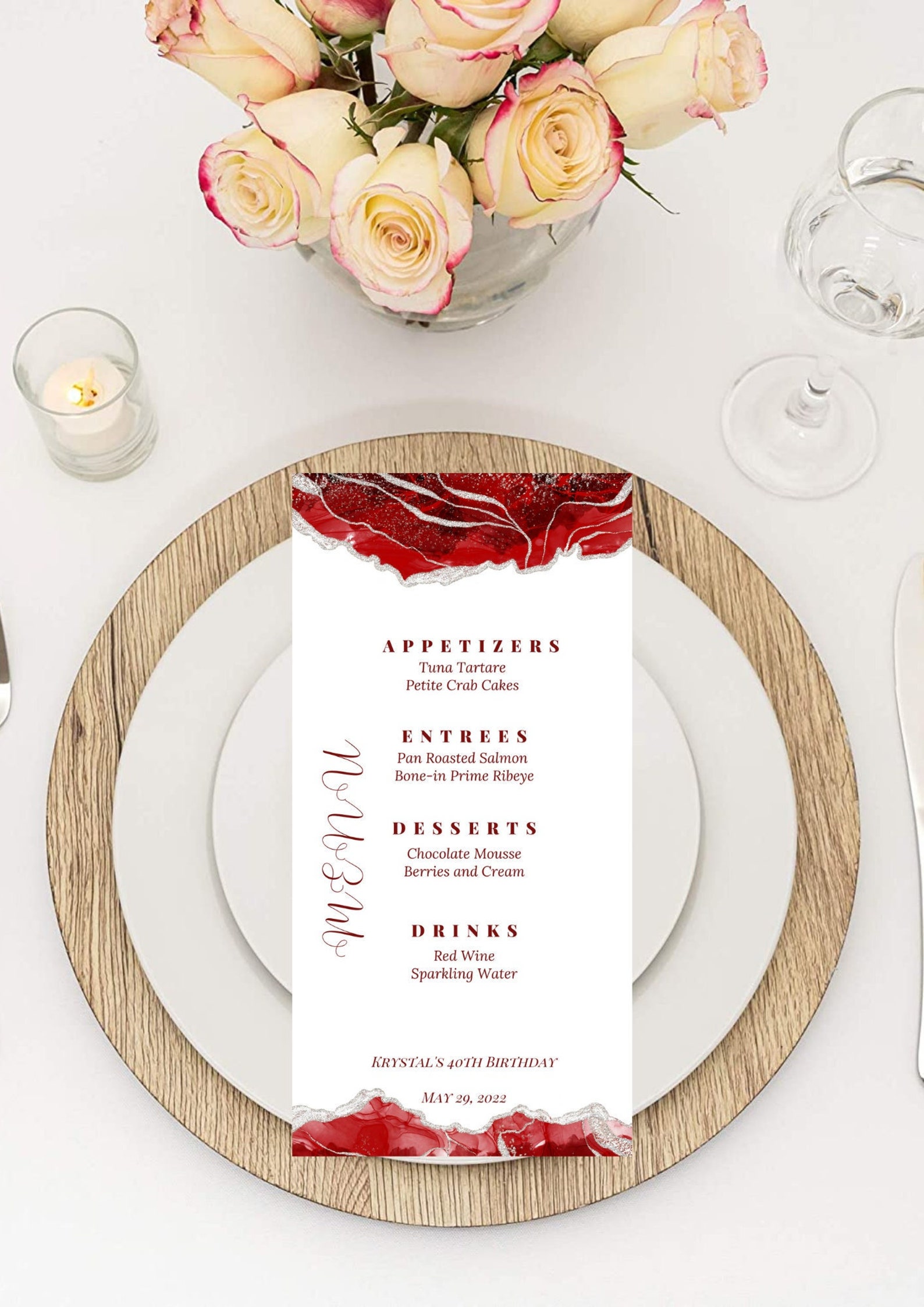 Editable Menu Template, Red and White Menu Cards, Birthday Dinner Menu ...