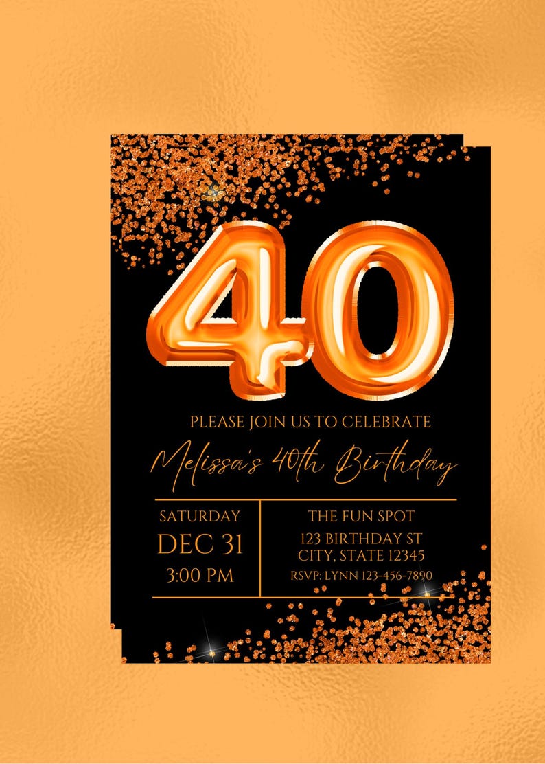 Editable 40th Birthday Invitation, Orange and Black Invitation, Orange ...