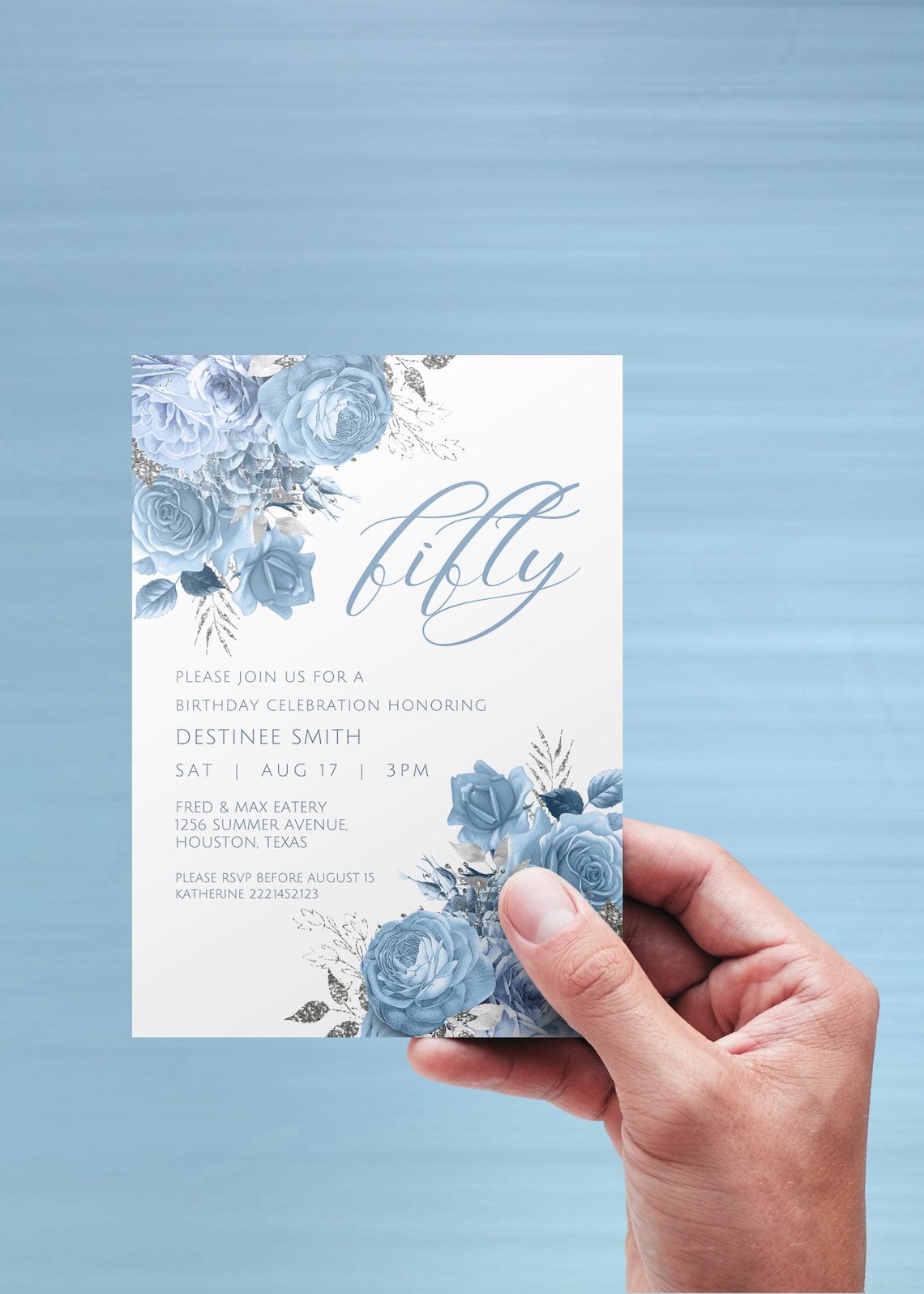 Editable Baby Blue and Silver Floral Invitation, Baby Blue and Silver ...