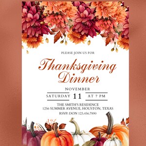 Editable Thanksgiving Invitation, Thanksgiving Dinner, Floral Orange ...