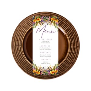 Editable Menu Cards Template, Purple and Yellow Floral Menu, Birthday ...