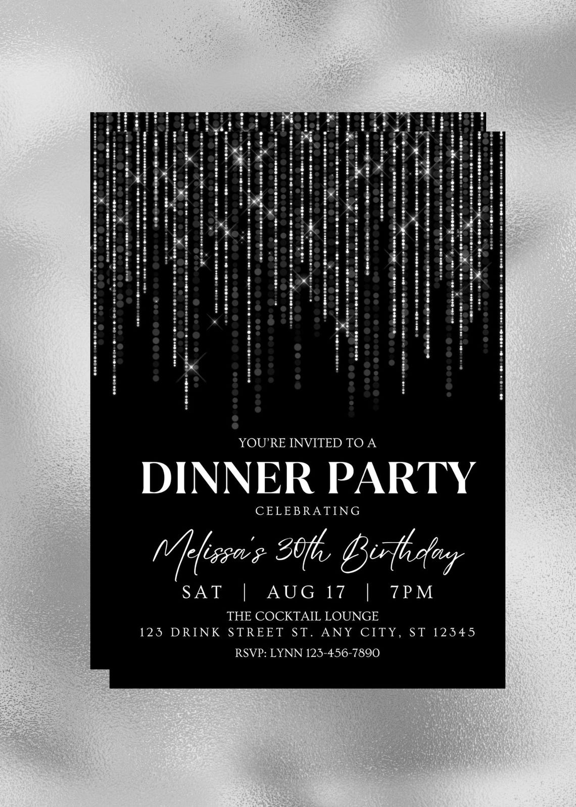 Elegant Silver Birthday Dinner Party Invitation, Editable Sparkle ...