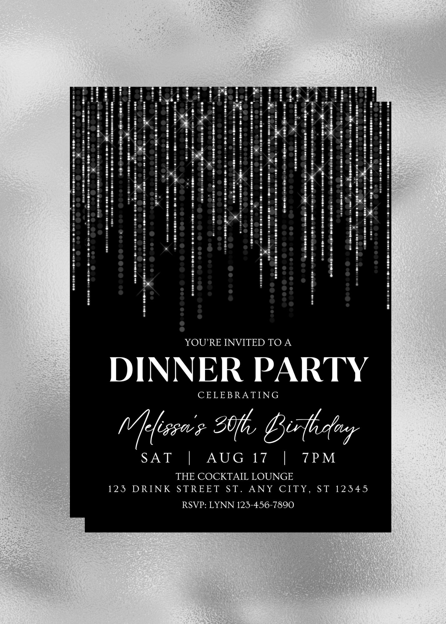 Elegant Silver Birthday Dinner Party Invitation, Editable Sparkle ...
