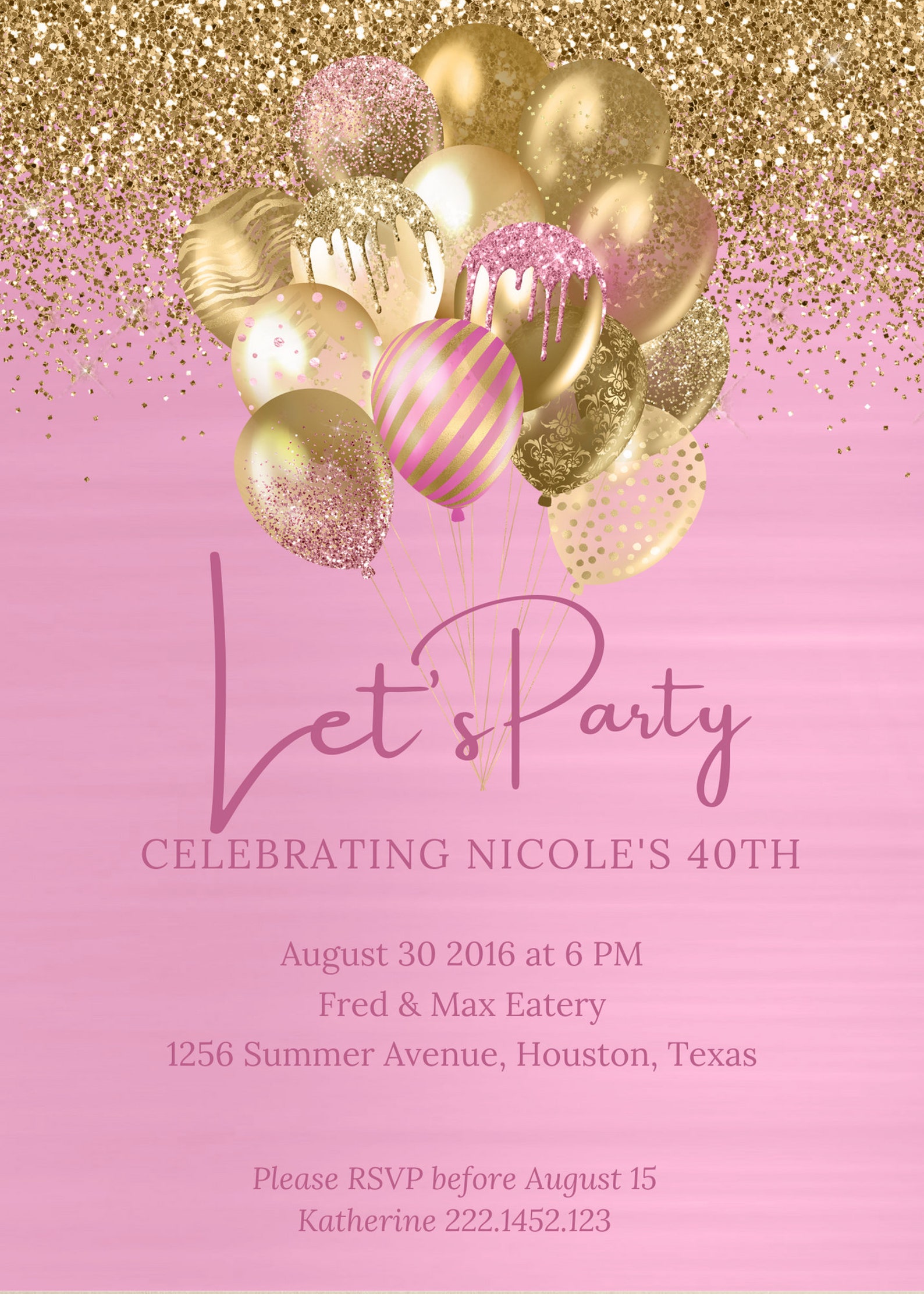 Editable Pink and Gold Birthday Invitation, Let's Party, Printable or ...