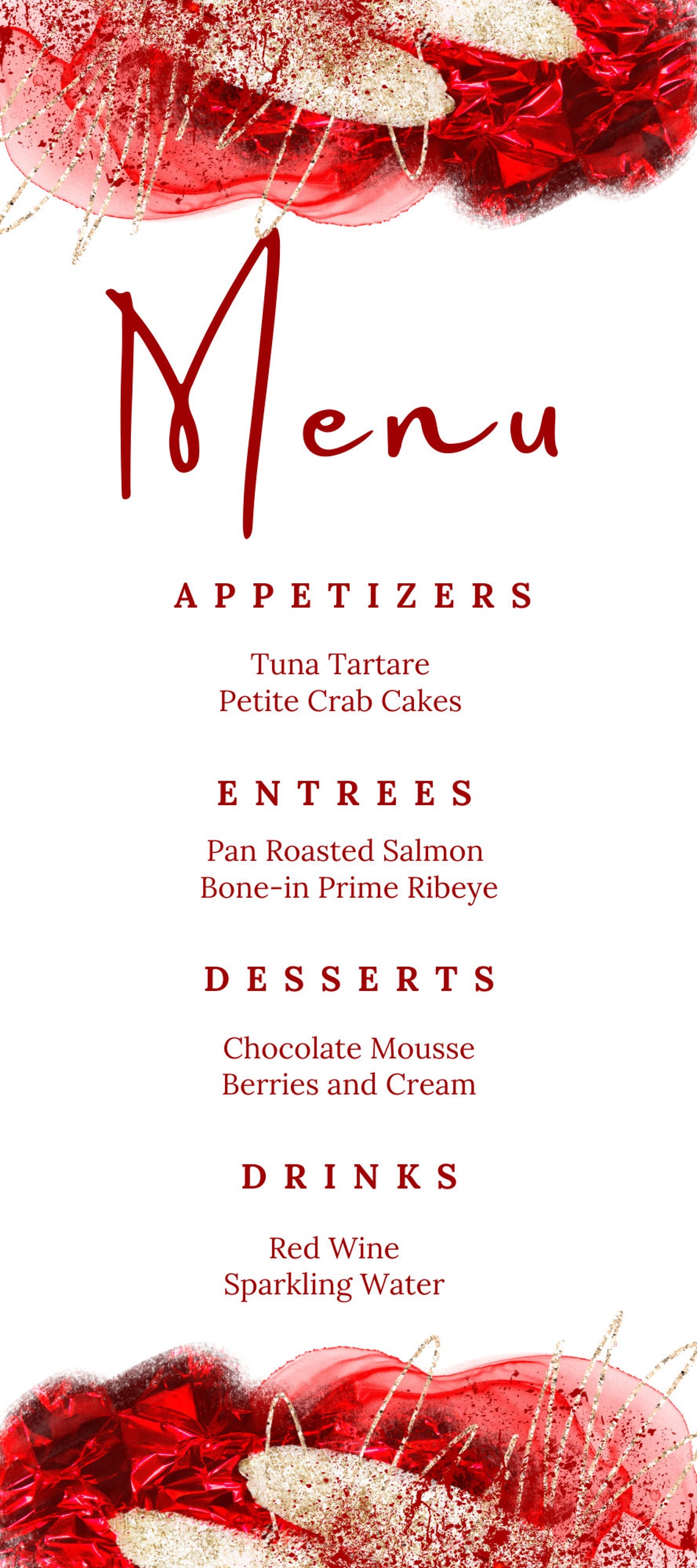 Editable Red and Gold Menu Template, Birthday Dinner Menu Cards ...
