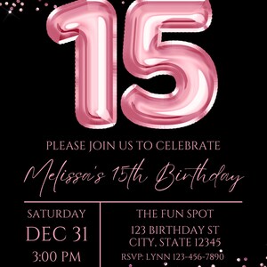 Editable 15th Birthday Invitation, Pink and Black Invitation, Pink 15 ...