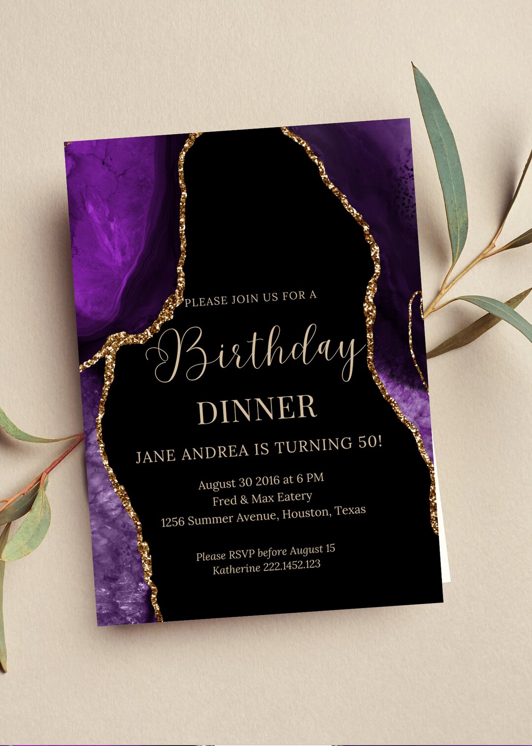 Editable Purple and Gold Invitation, Agate Birthday Dinner Invitation ...