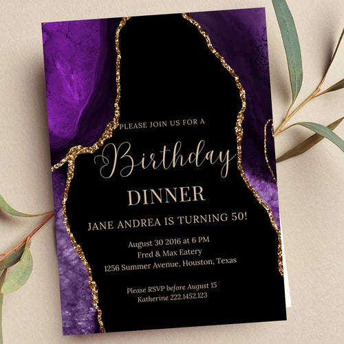 Editable Lilac and Gold Birthday Invitation Purple Marble - Etsy