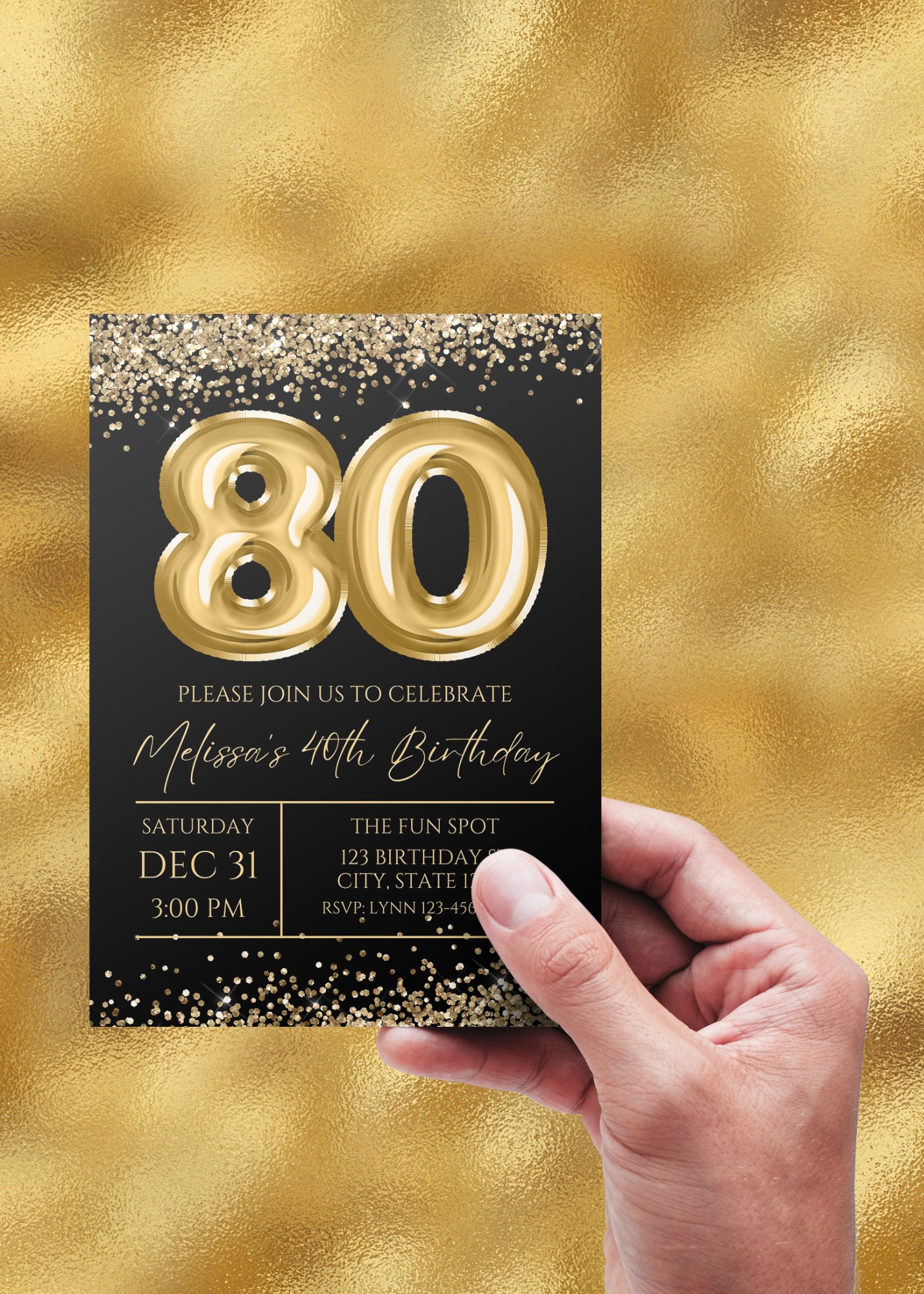 Editable 80th Birthday Invitation, Gold and Black Invitation, Gold 80 ...