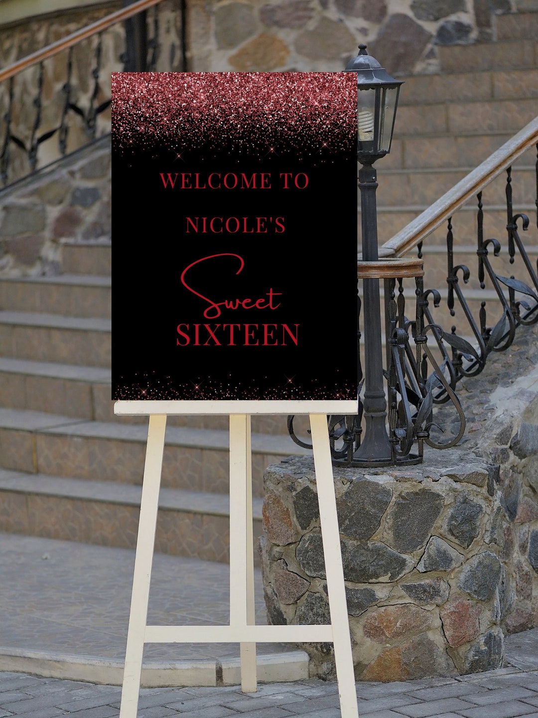 Editable Sweet 16 Red and Black Birthday Welcome Sign, Glitter Birthday ...