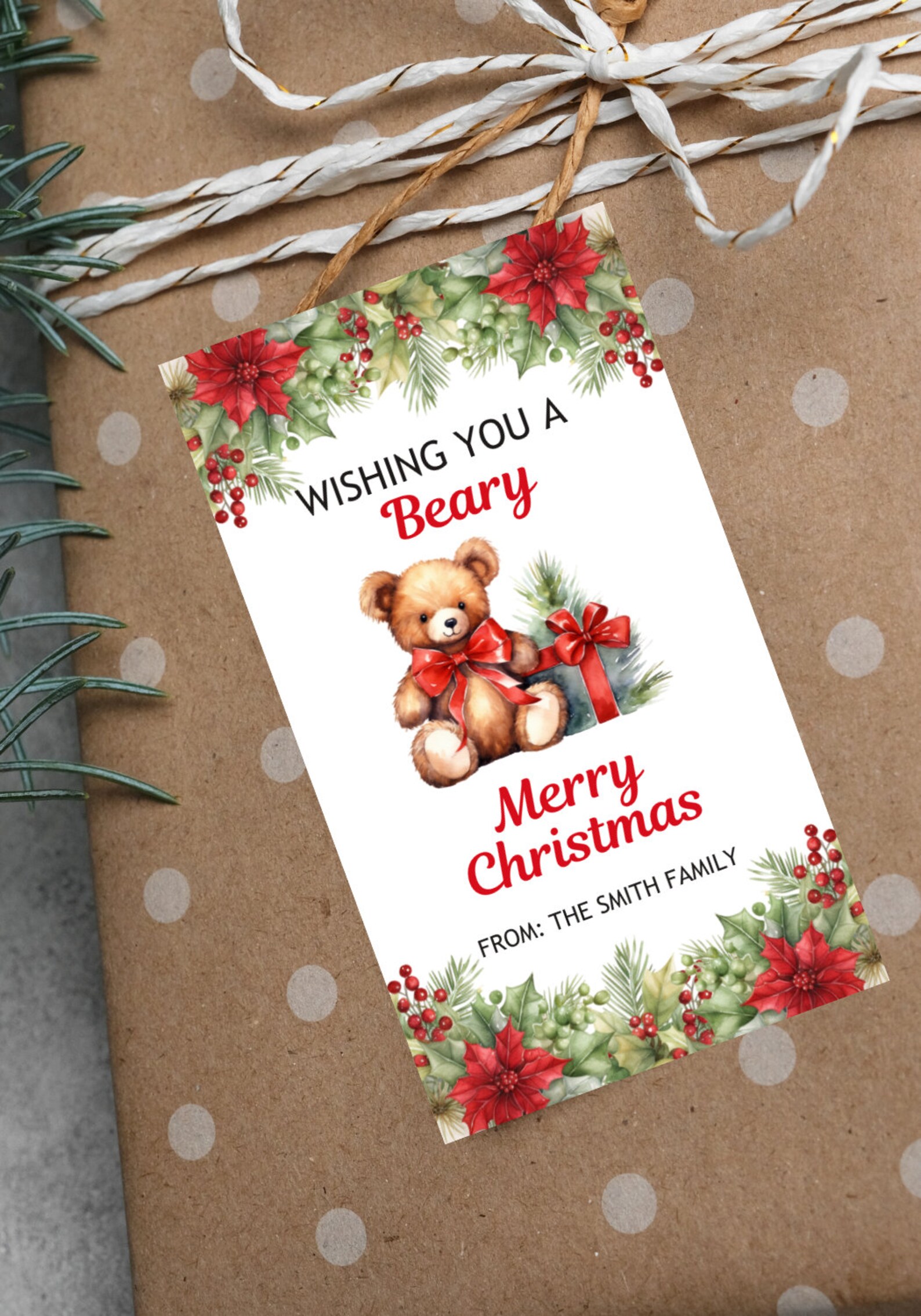 Editable Wishing You a Beary Merry Christmas Gift Tag, Printable - Etsy