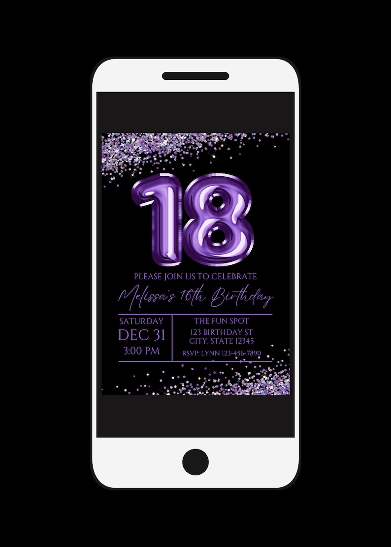 Editable 18th Birthday Invitation Purple and Black - Etsy