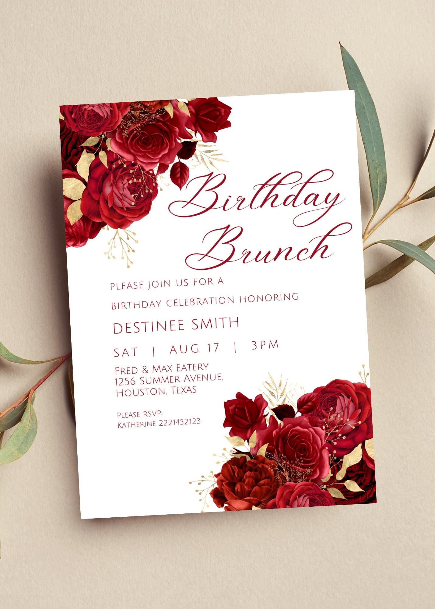 Editable Birthday Brunch Invitation, Red and Gold Floral Brunch ...