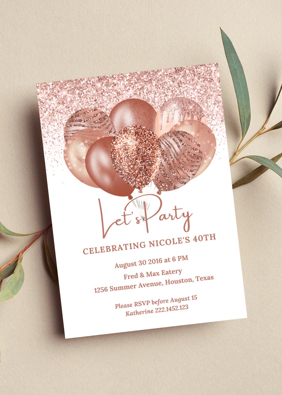 Editable Rose Gold Birthday Invitation, Let's Party Rose Gold and White ...
