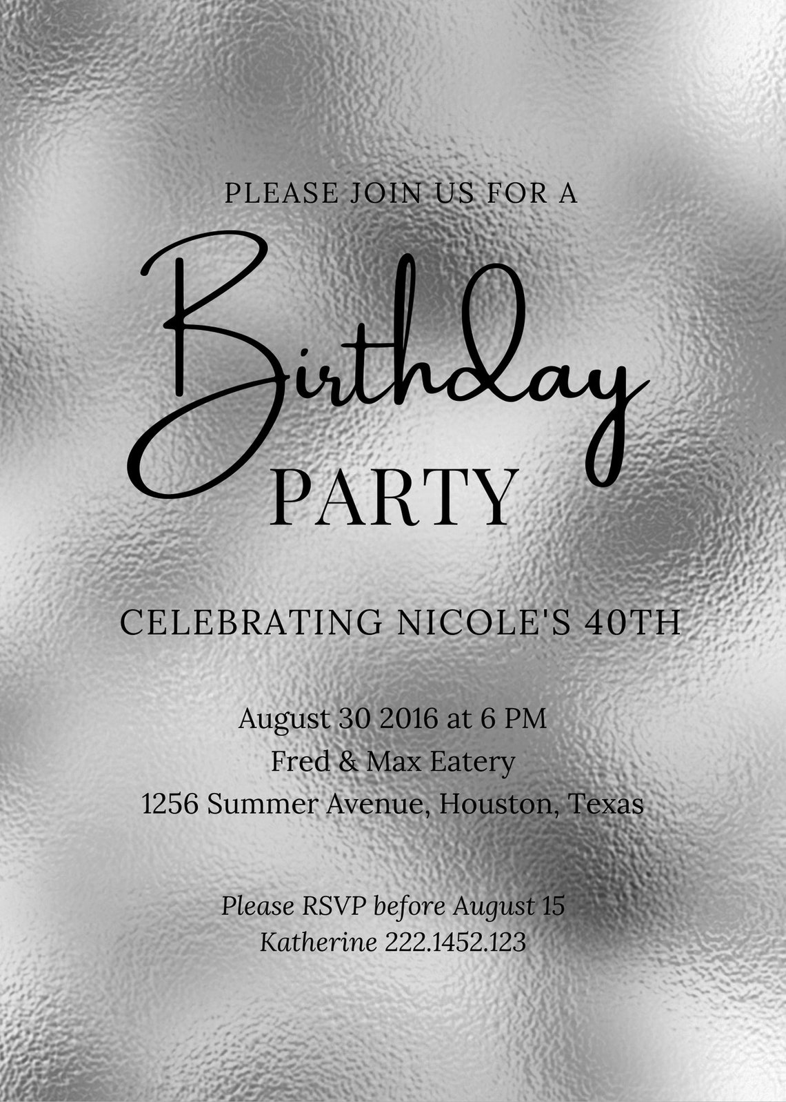 Editable Silver Birthday Invitation, Minimalist, Modern, Printable or ...