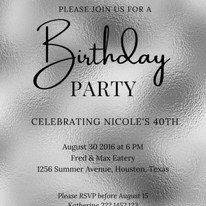Editable Silver Birthday Invitation, Minimalist, Modern, Printable or ...