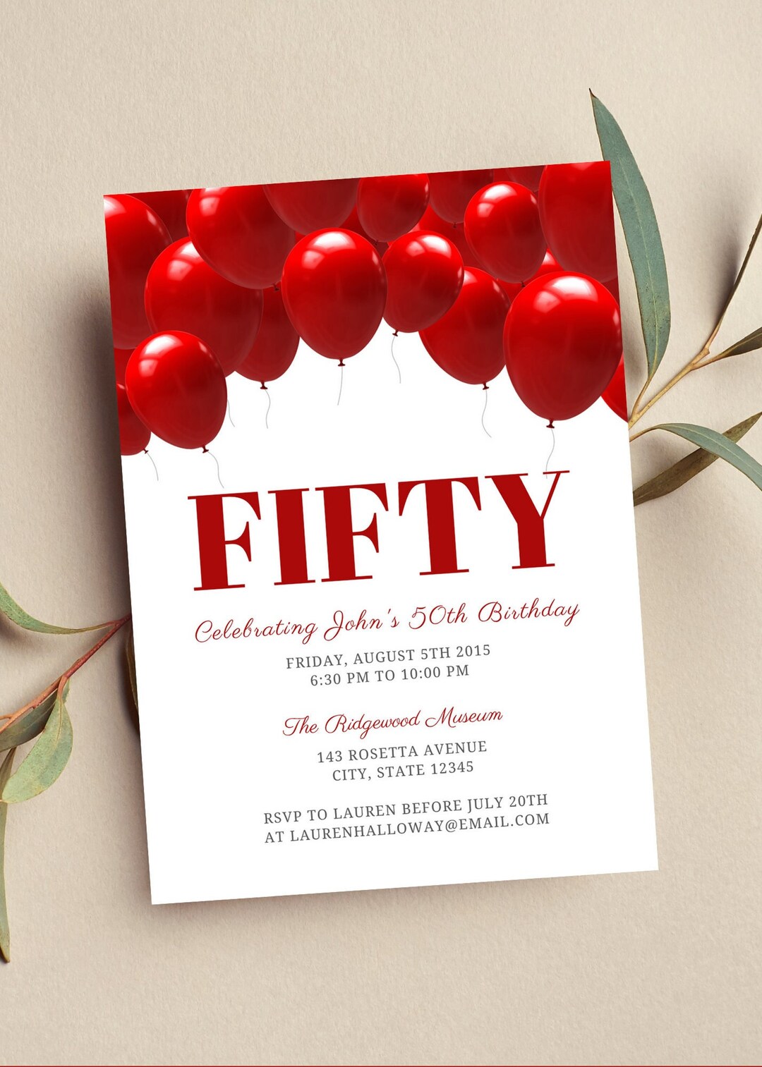 Editable 50th Birthday Invitation, Red Balloons, Red and White ...