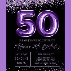 Editable 50th Birthday Invitation, Purple and Black Invitation, Purple ...