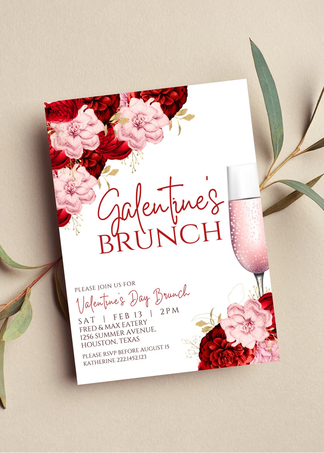 Editable Galentine's Brunch Invitation, Pink and Red, Floral, Valentine ...